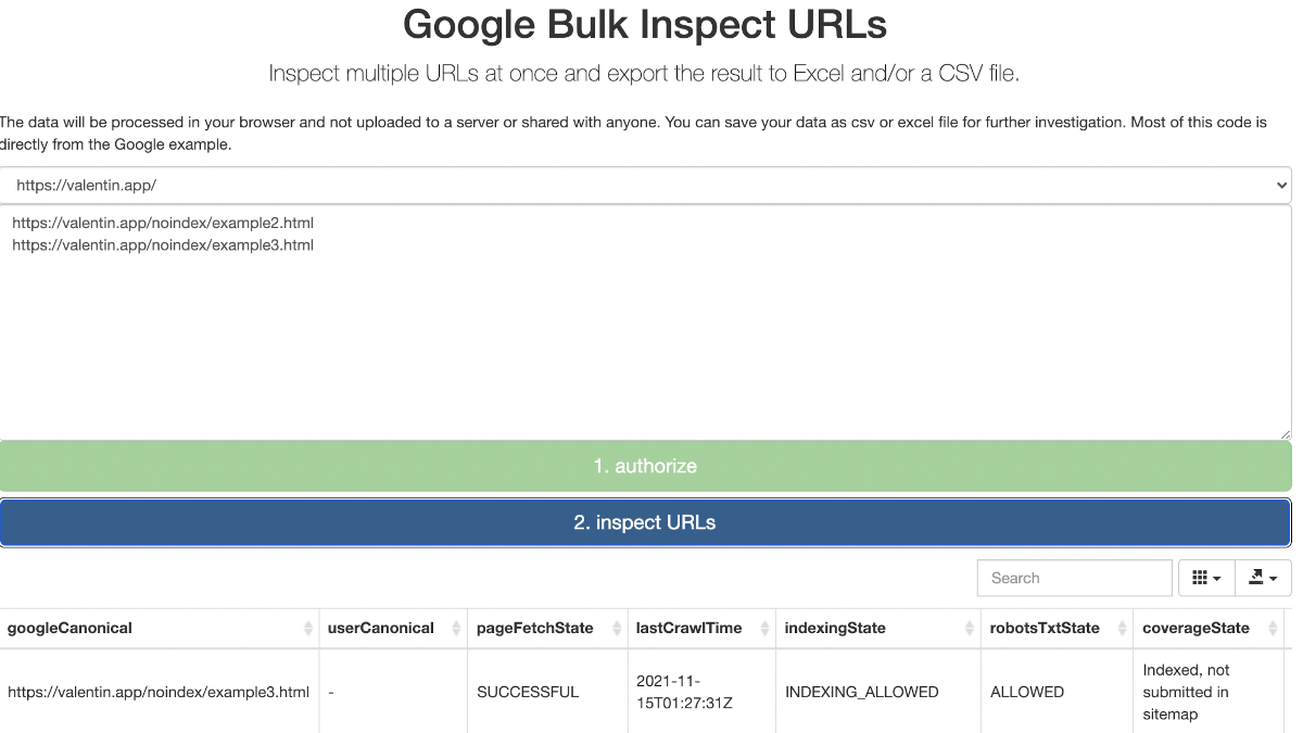 Google Bulk Inspect URLs